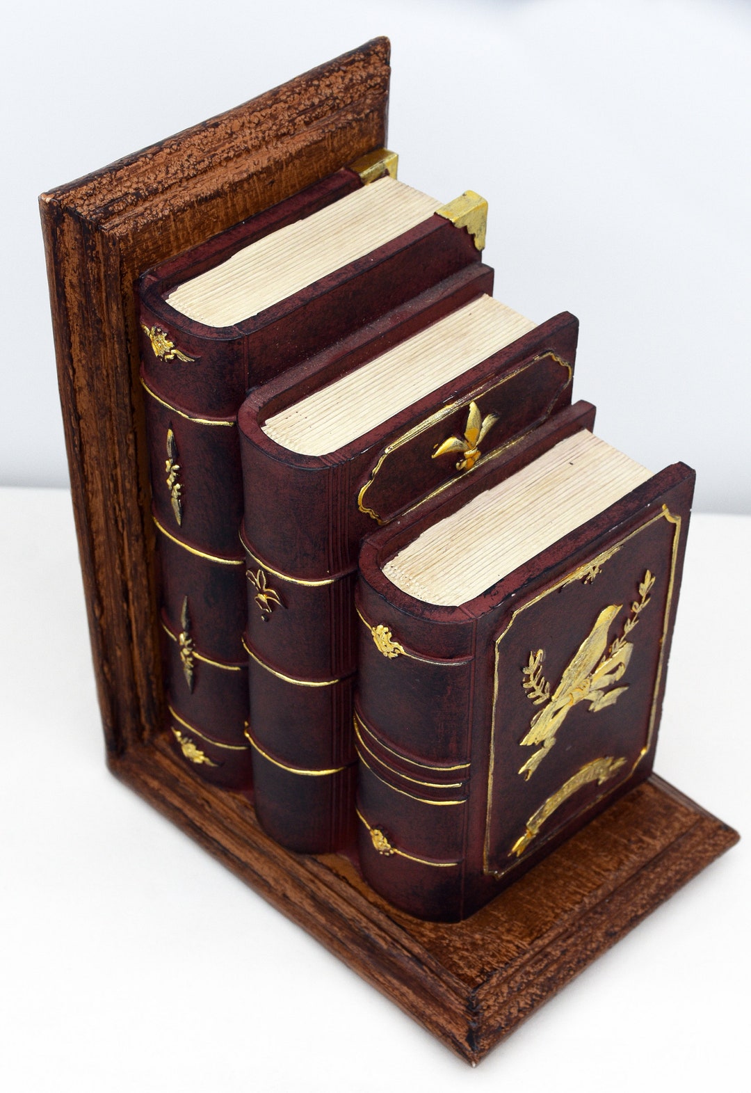 Wooden Bookend With Three Heights of Books With Gold Outline and Gold ...