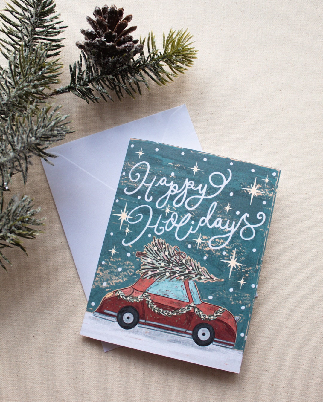 Happy Holidays Card, Christmas Tree on Car, Christmas Card, Holiday ...