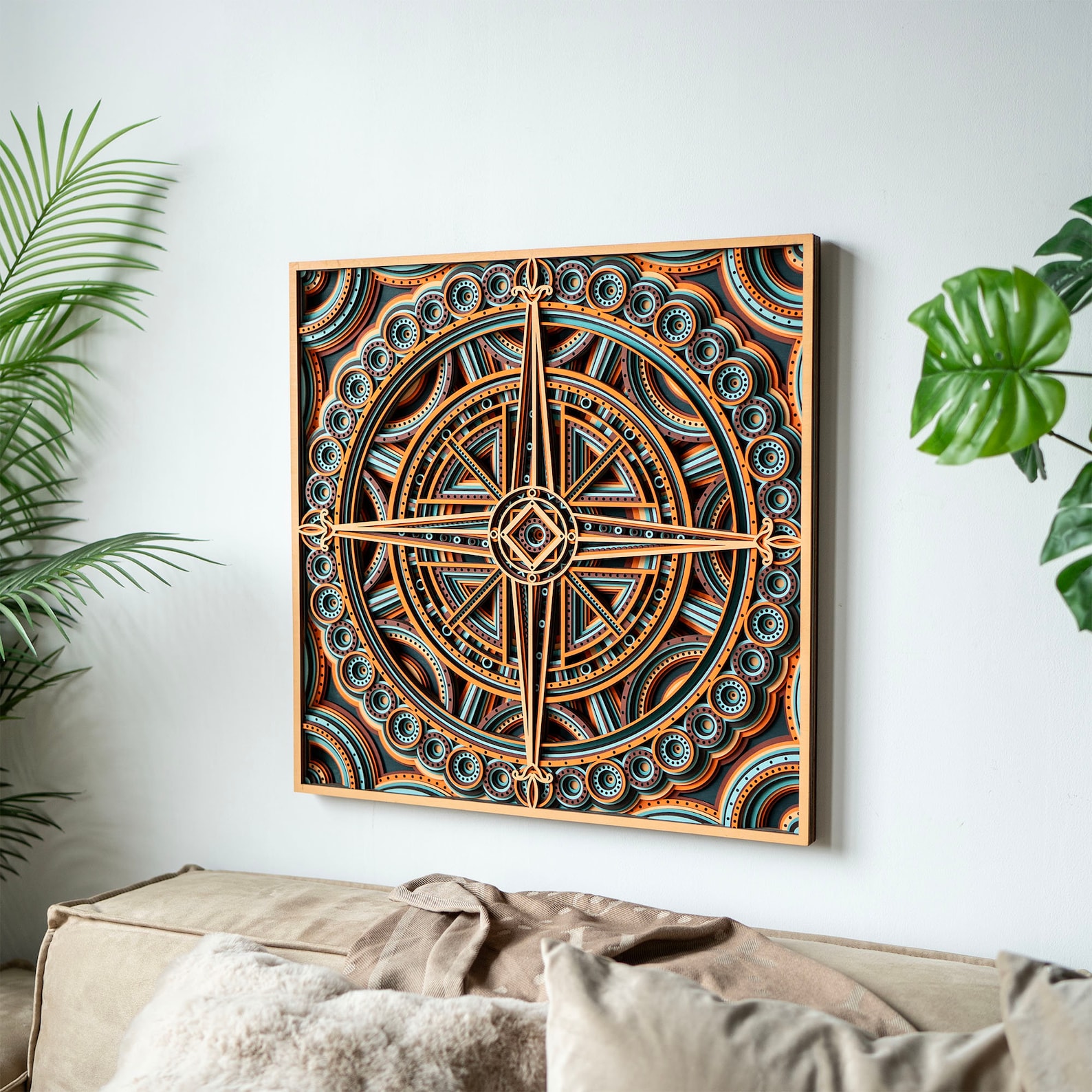 Nautical Cross Compass Mandala Wall Art, Vintage Layered Wood Carving ...