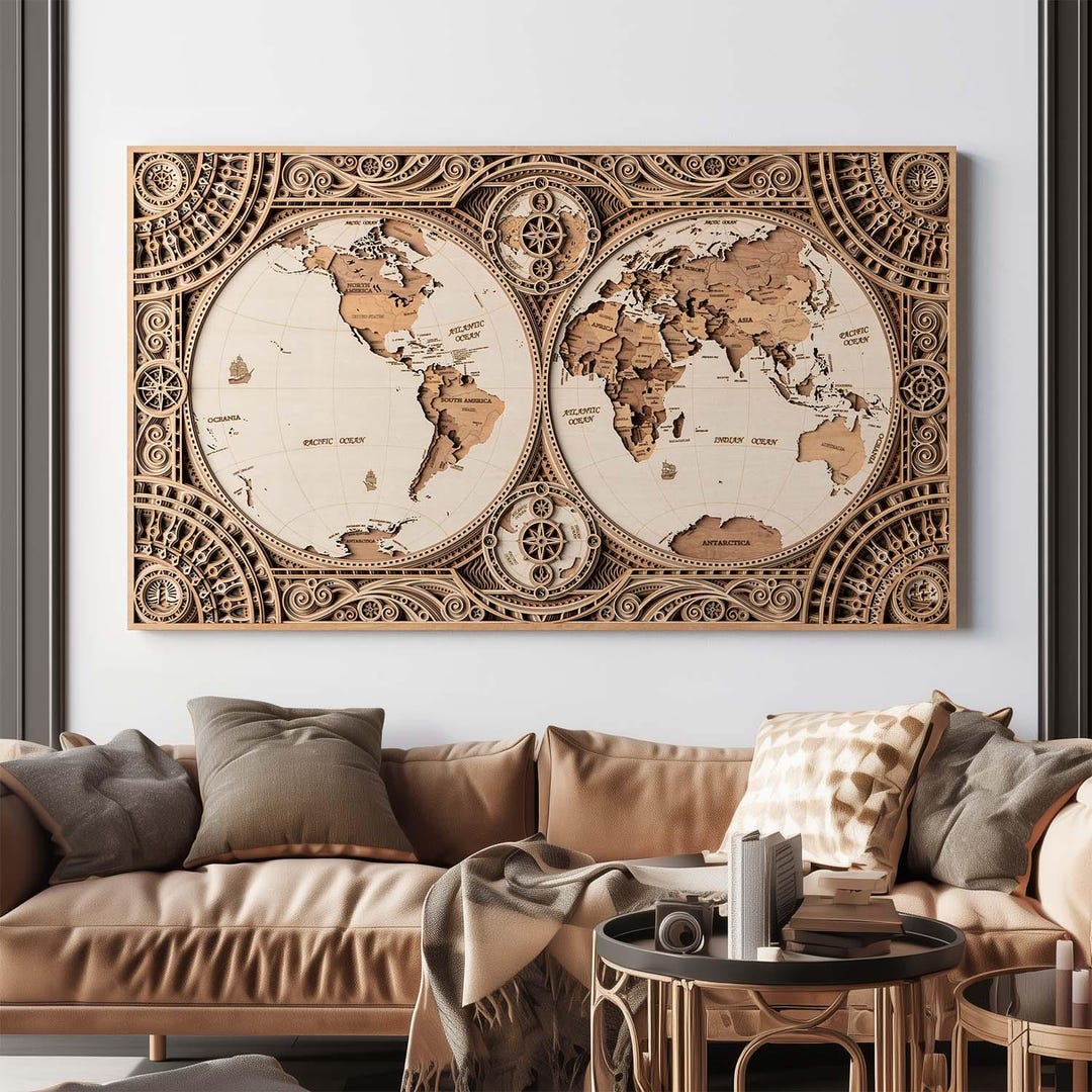 Dual Hemisphere Wood World Map, Vintage Nautical Wall Art, 3D Laser Cut ...