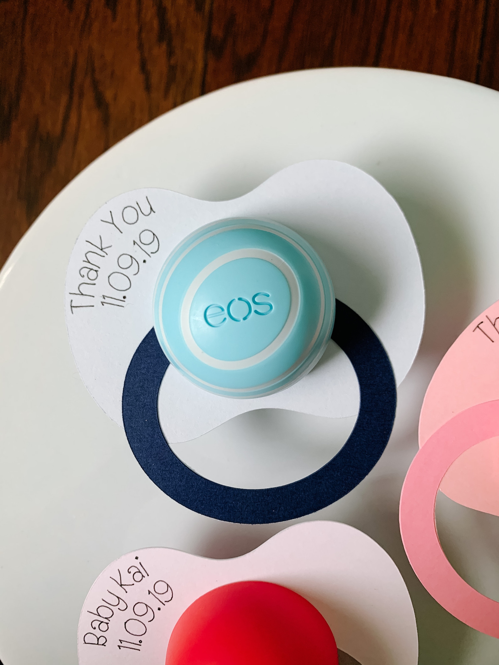 Pacifier Baby Shower Favor / EOS Round Lip Balm Holder / Custom Text ...