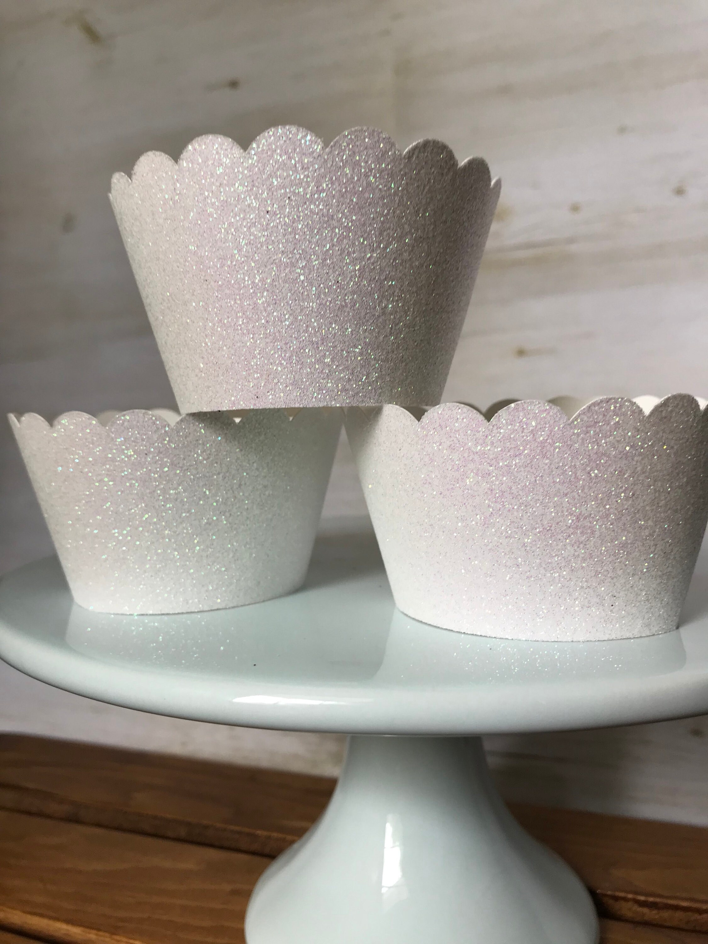 White Iridescent Glitter Cupcake Wrapper / Wedding / Bridal Shower ...