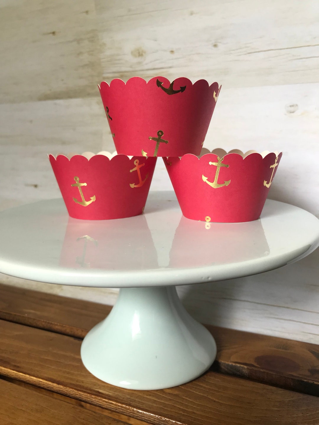 Red Gold Foil Anchor Cupcake Wrapper / Nautical Summer / - Etsy