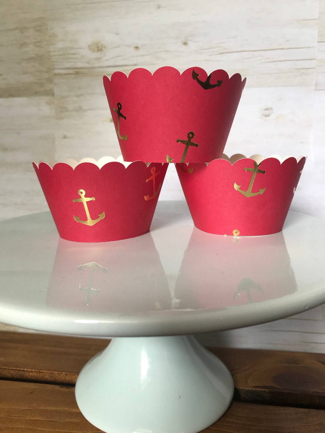 Red Gold Foil Anchor Cupcake Wrapper / Nautical Summer / - Etsy