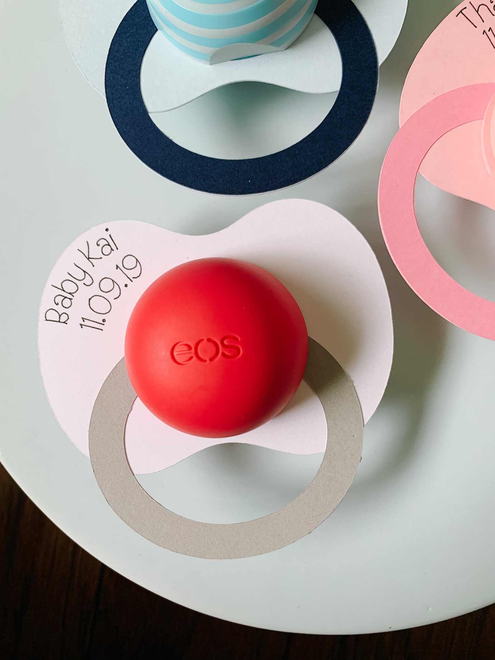 Pacifier Baby Shower Favor / EOS Round Lip Balm Holder / Custom Text ...