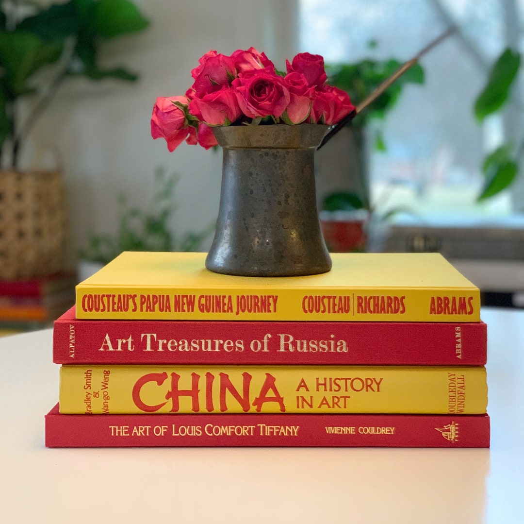 Vintage Red and Yellow Art Themed Coffee Table Book Set, Handmade Decor ...