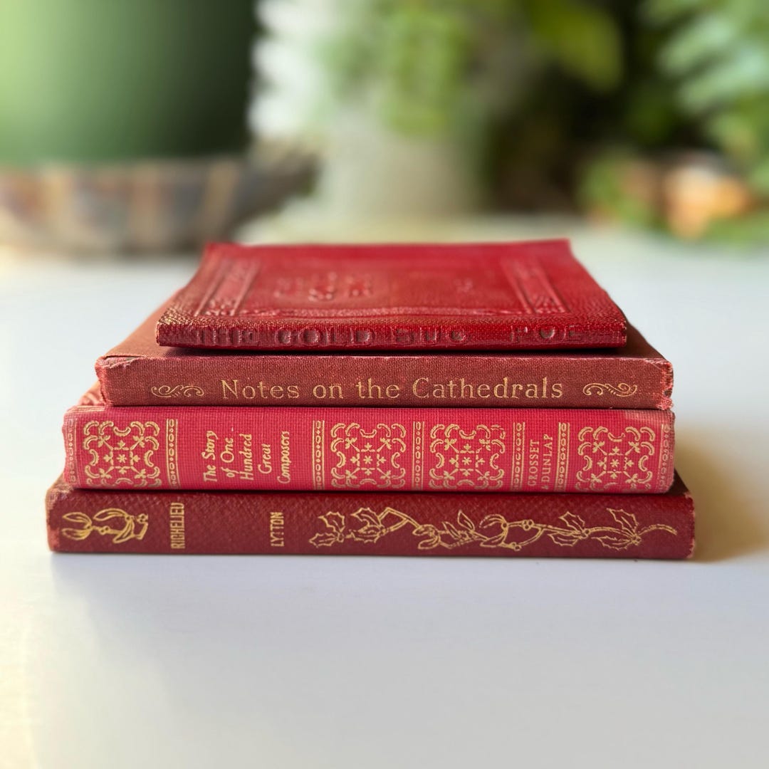 Antique Red Mini Book Bundle, Shabby Distressed Nightstand Decor, Small ...