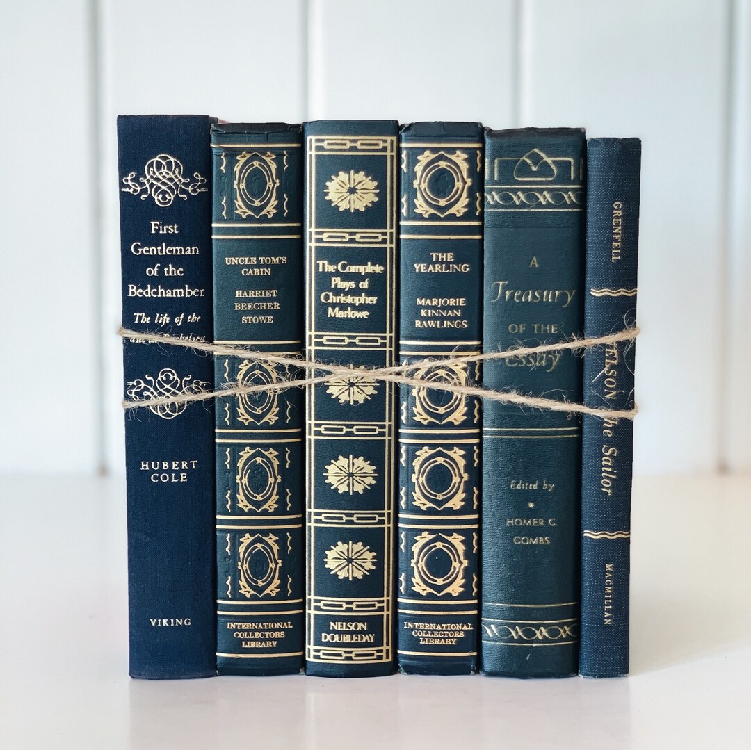 Vintage Navy Blue and Gold Vintage Book Set, Ornate Intellectual Mid ...