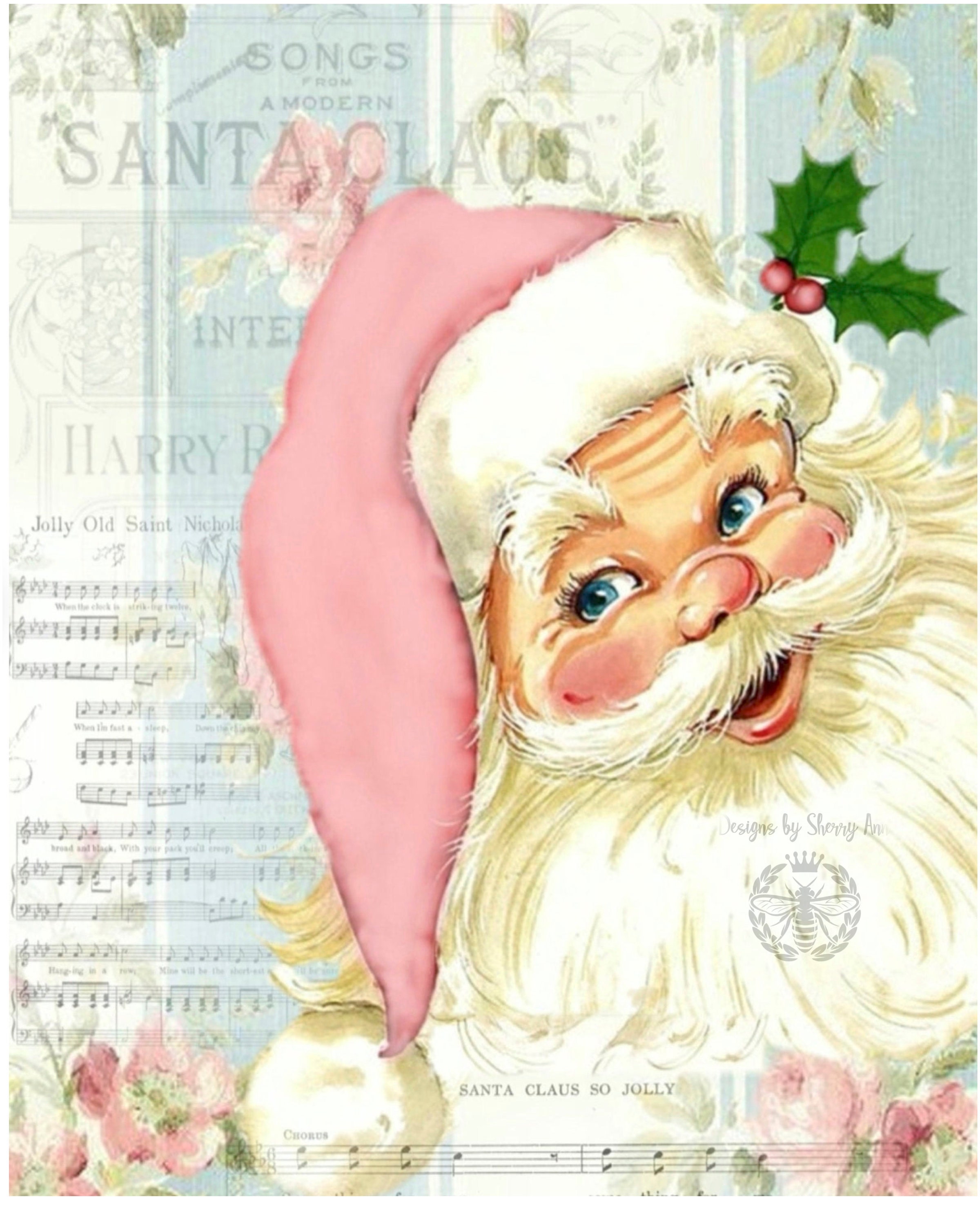 Pink Retro Santa Vintage Prints, Christmas Pink Holiday Decor, Pink ...