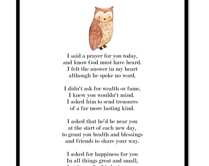 I Said a Prayer for You, Owl, Nursery Art, I Said a Prayer Poem ...