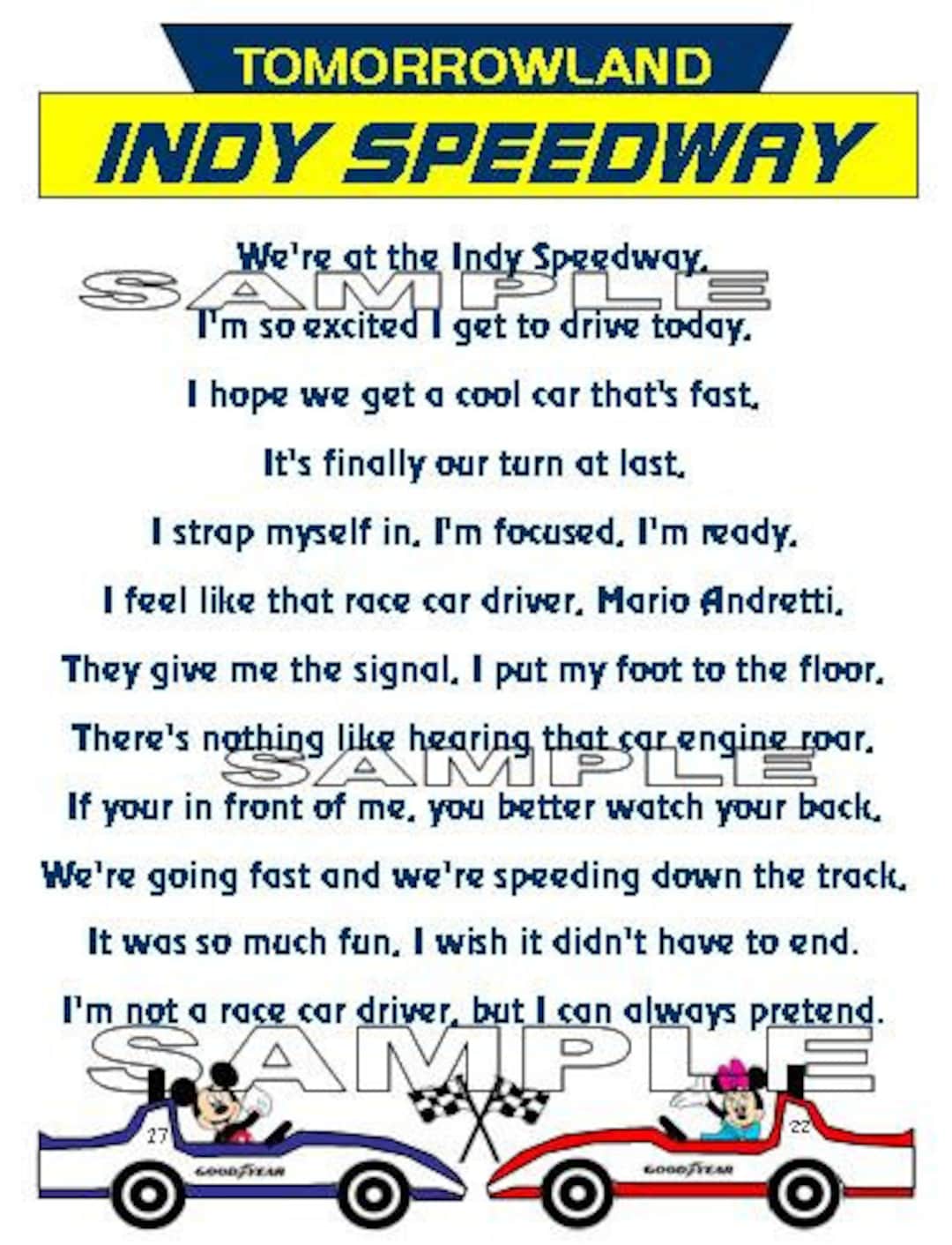 Disney World Magic Kingdom Tomorrowland Indy Speedway Poem Scrapbook ...