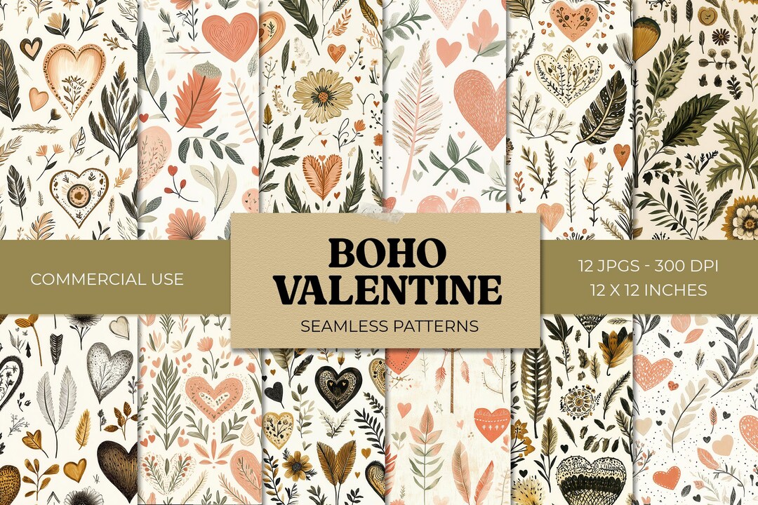 Boho Hearts Seamless Pattern Digital Paper, Bohemian Floral Elements ...