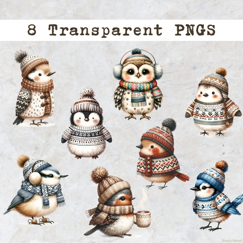Winter Birds Watercolor Clipart, Birds With Hat and Jumpers, Cute Bird ...
