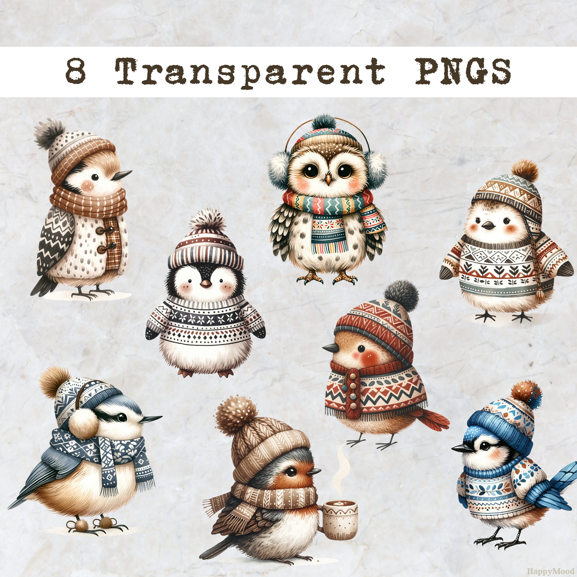 Winter Birds Watercolor Clipart, Birds With Hat and Jumpers, Cute Bird ...