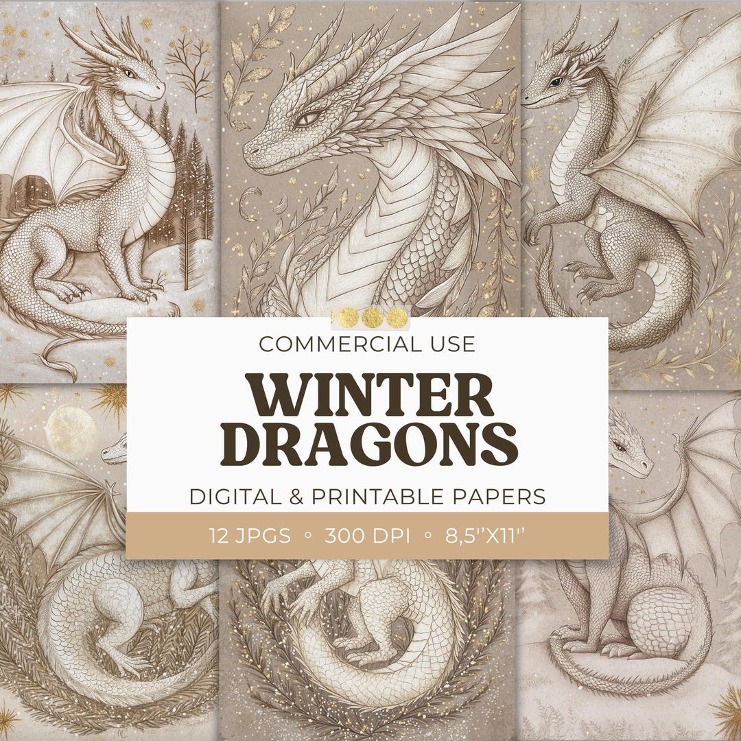 Dragon Printable Digital Papers, Fantasy Ephemera, White Gold Junk ...