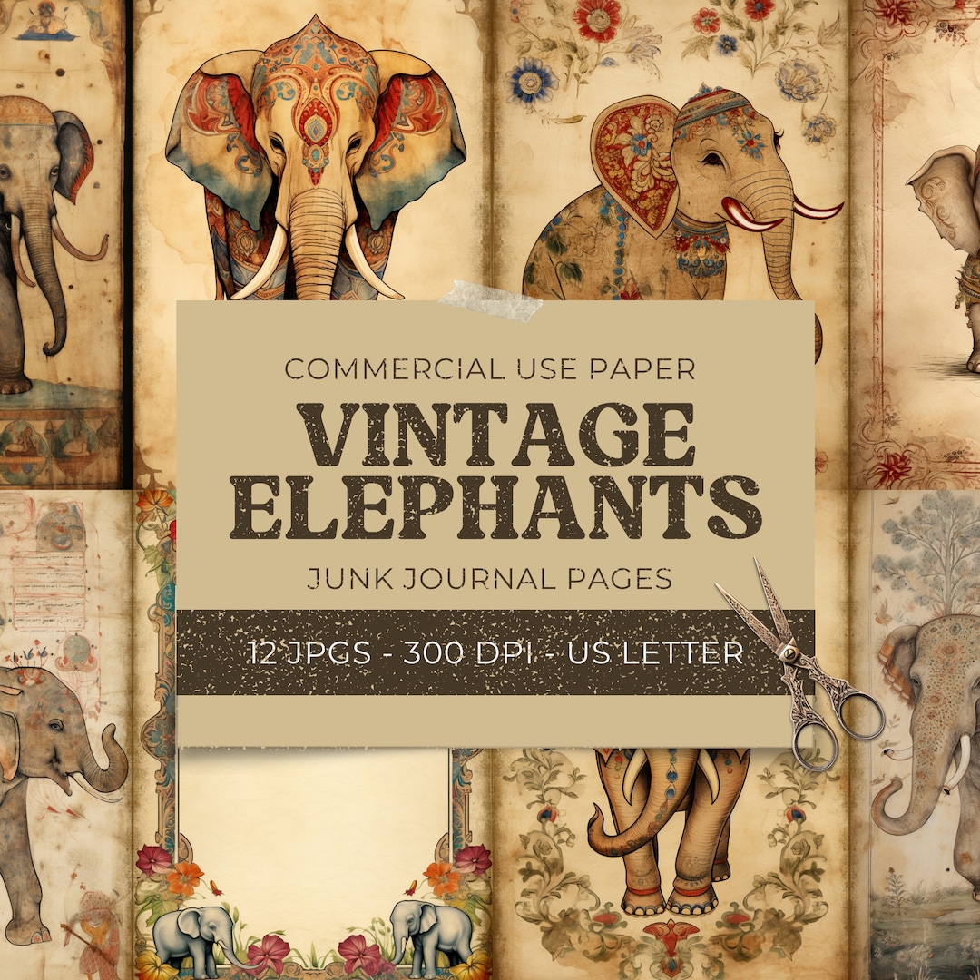 Elephant Junk Journal Printable, Baby Elephant Background, Vintage ...