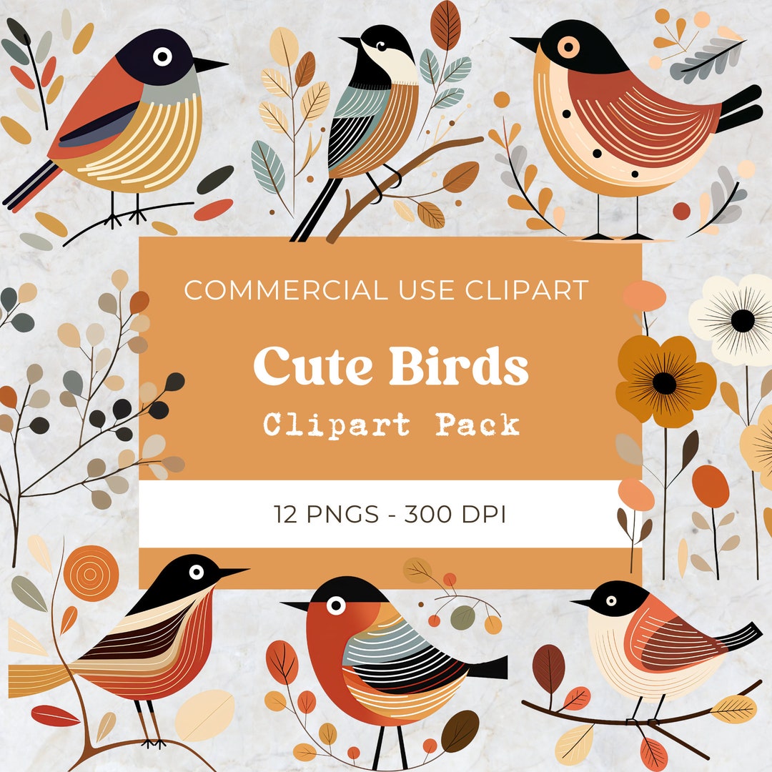 Cute Bird Clipart, Boho Bird Png, Autumn Bird Clipart, Retro Birds and ...