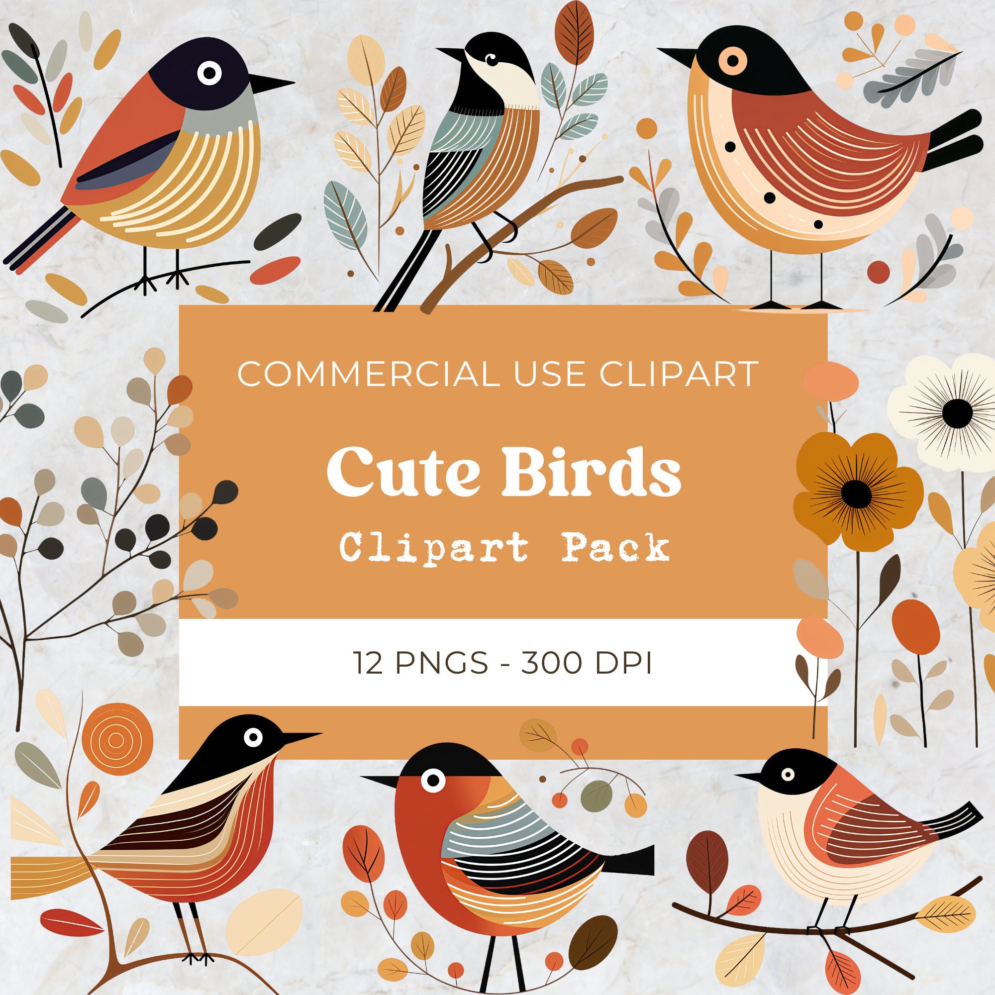 Cute Bird Clipart Boho Bird Png Autumn Bird Clipart Retro - Etsy