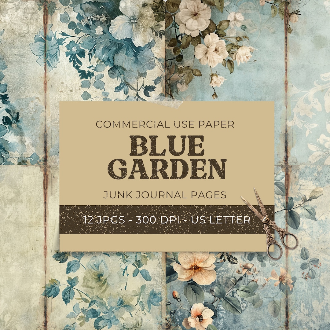 Blue Garden Junk Journal Digital Paper, Floral 12 Digital Journal Pages ...