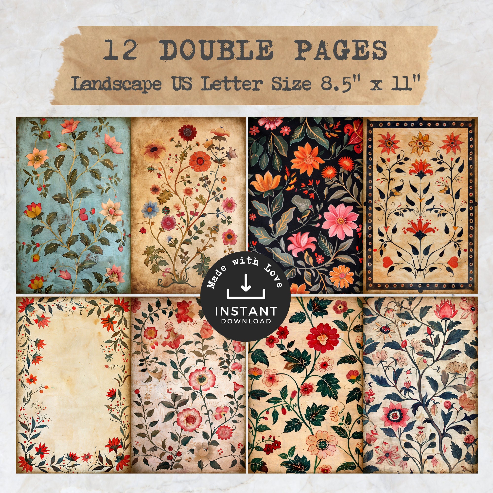 Floral Junk Journal Printable Pages With Tags, Craft Paper Pack ...