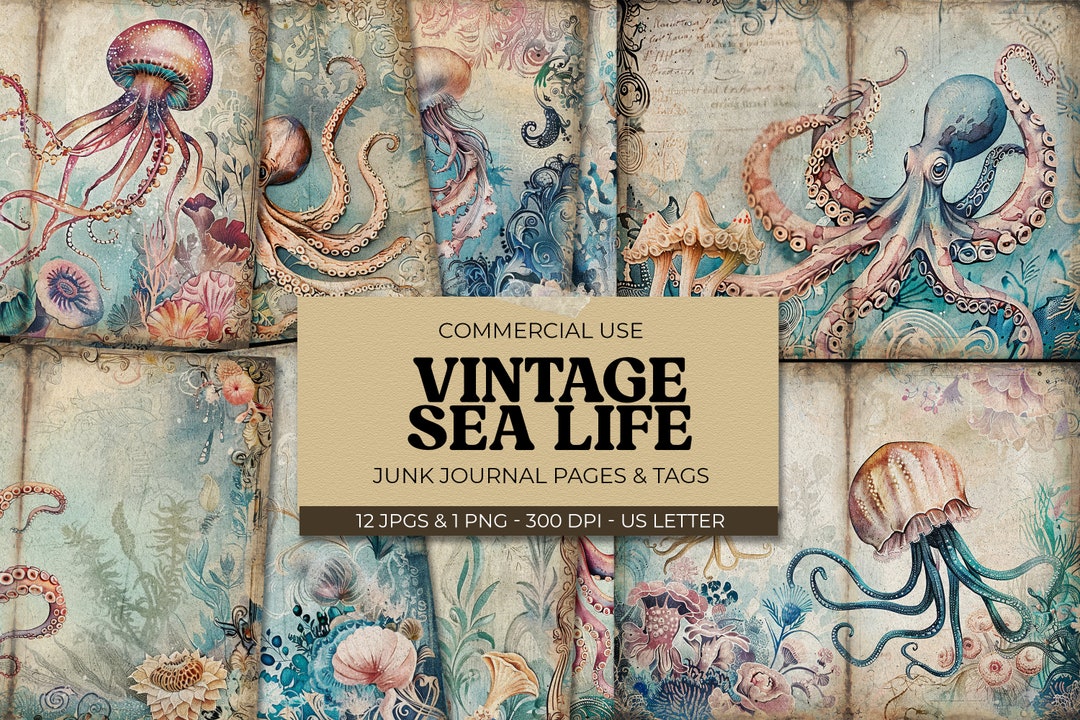 Sea Life Junk Journal Pages, Octopus & Jelly Fish Ephemera, Vintage ...