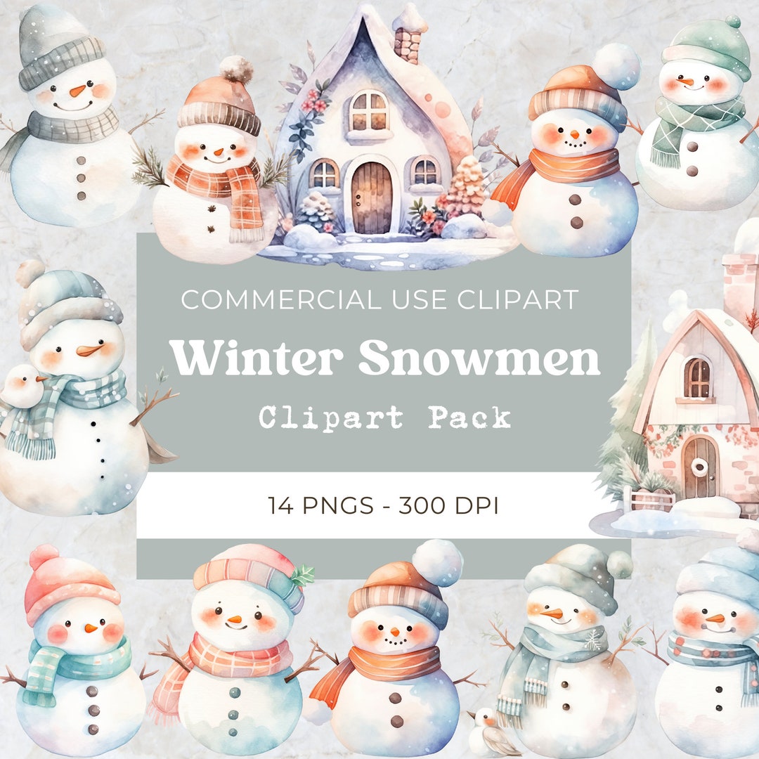 Cute Winter Snowman Clipart, Winter Clipart, Watercolor Snowman Clipart ...