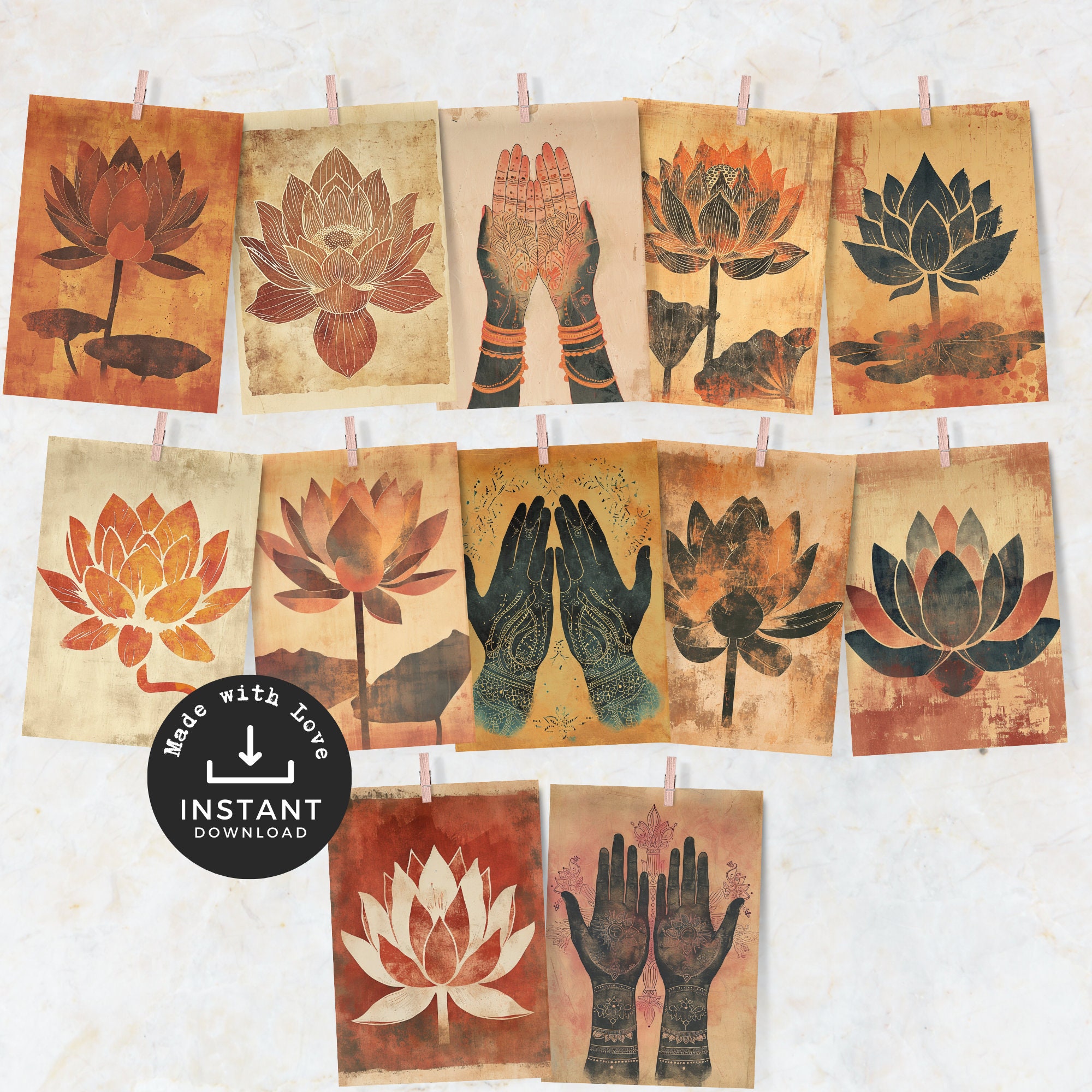 Mindful Yoga Printable Digital Paper, Boho Lotus Flower & Mudra Art, 8 ...