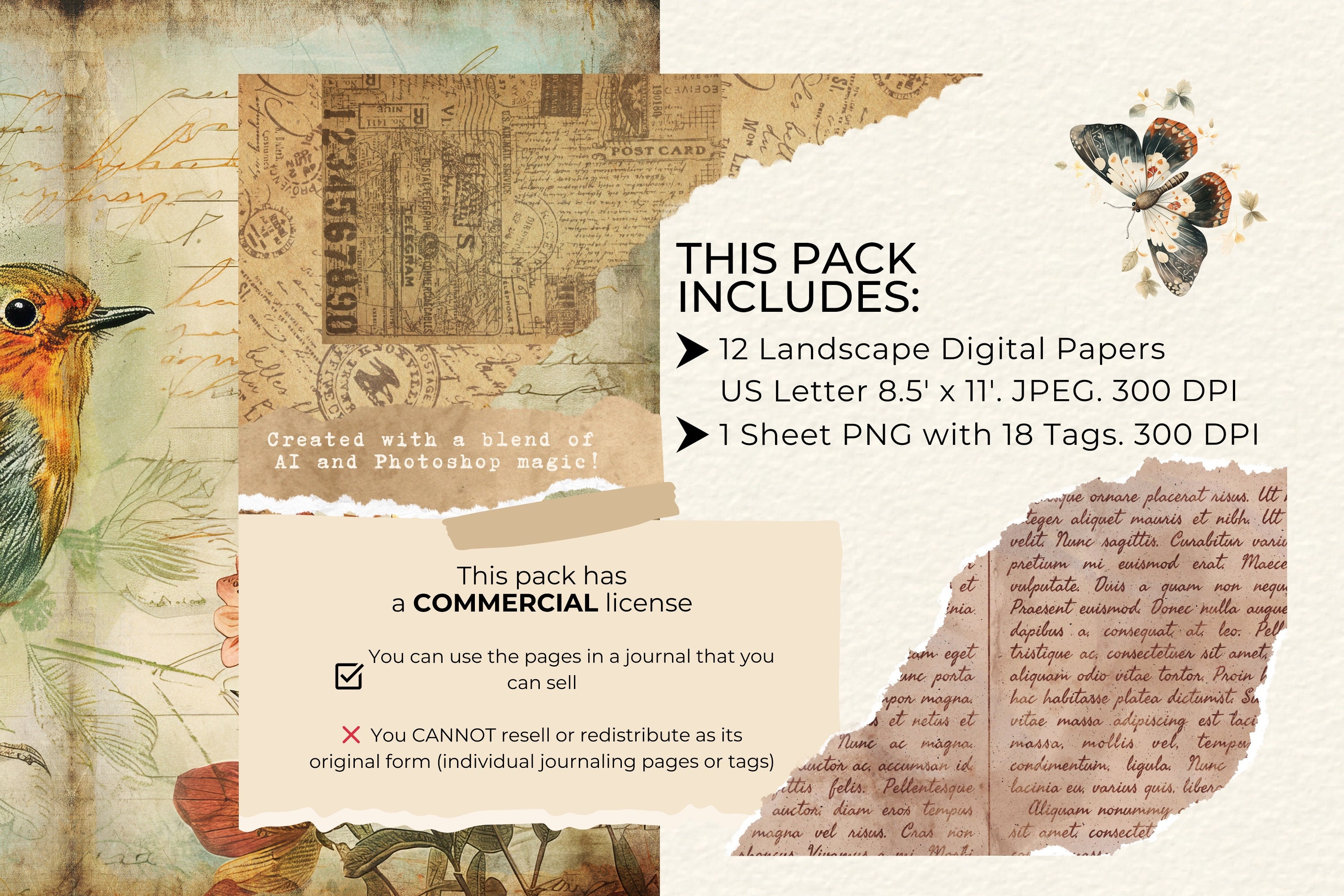 Vintage Bird Junk Journal Papers, Junk Journal Pages, Digital Bird ...