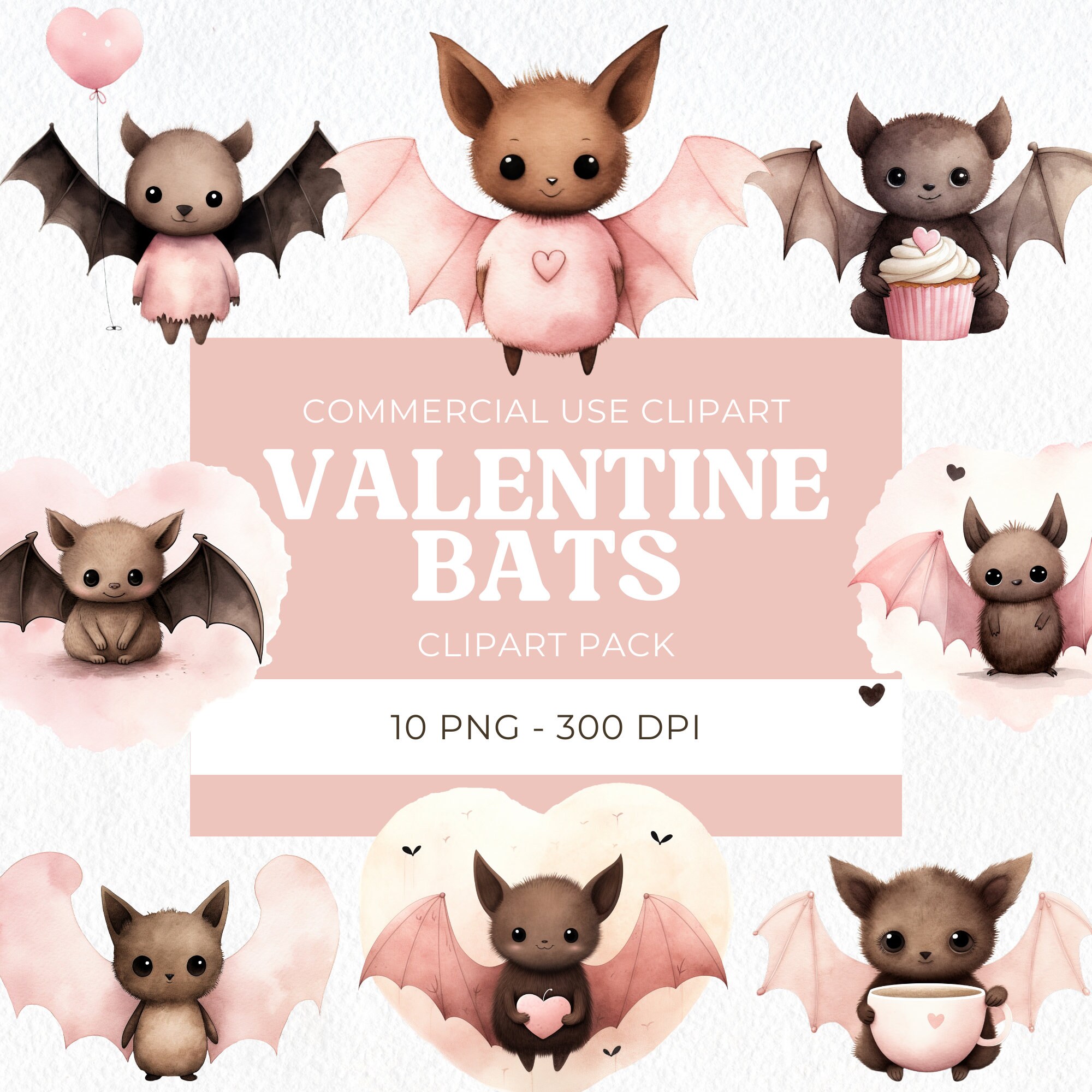 Cute Valentine Bat Clipart, Watercolor Baby Animal, Valentine's Day ...