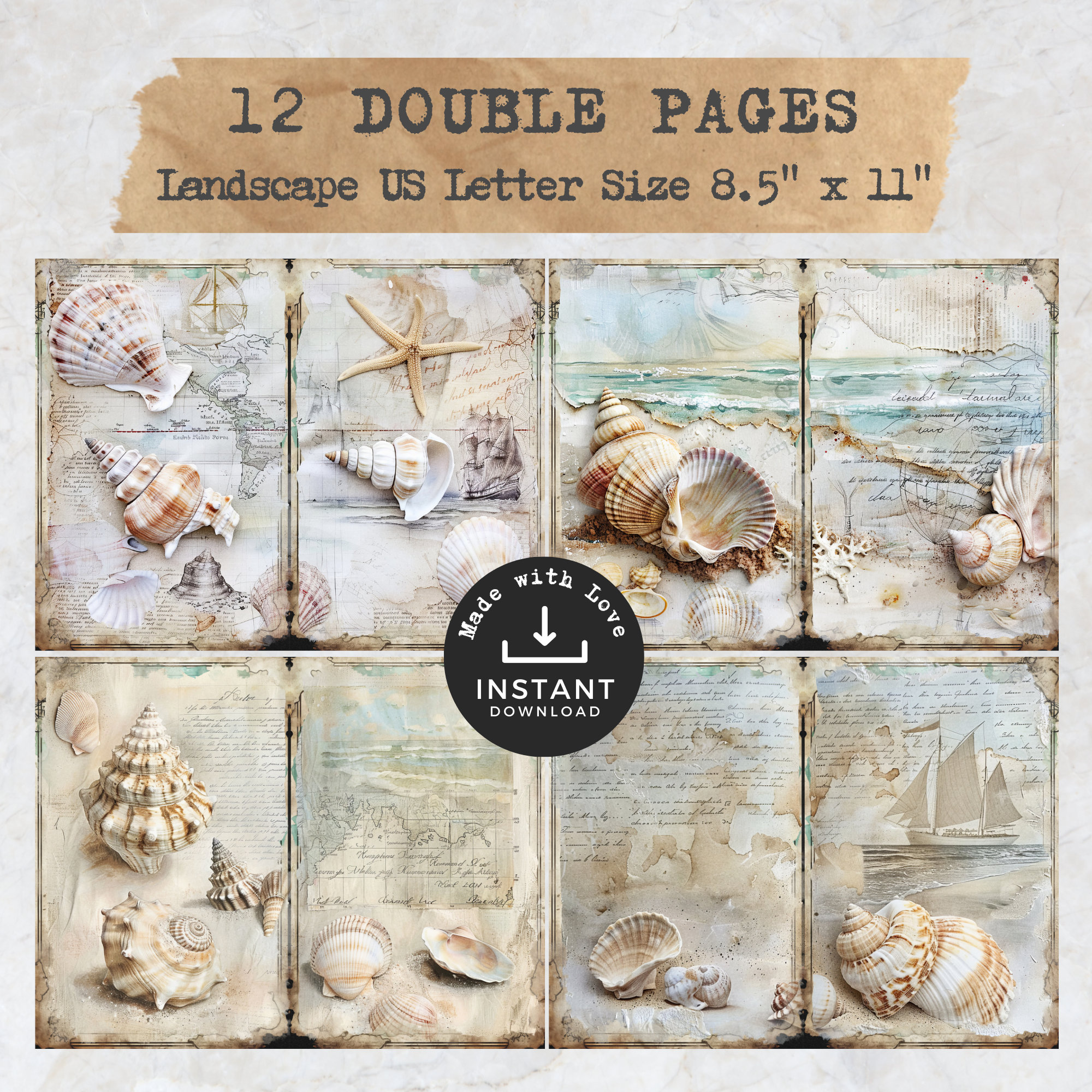 Seashell Junk Journal, 12 Shabby Chic Coastal Digital Journal Pages 18 ...
