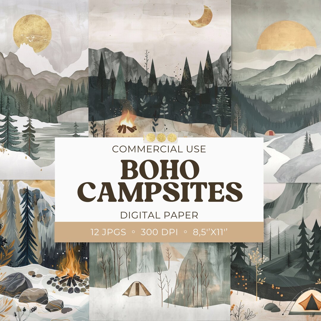 Boho Campsite Digital Paper, Tent Bonfire Printable, Outdoor Scrapbook ...