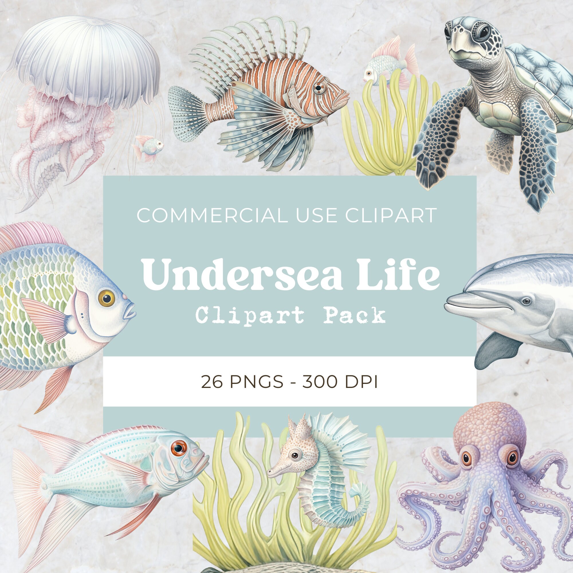 Watercolor Undersea Clipart Cute Ocean Animals Png Sea - Etsy
