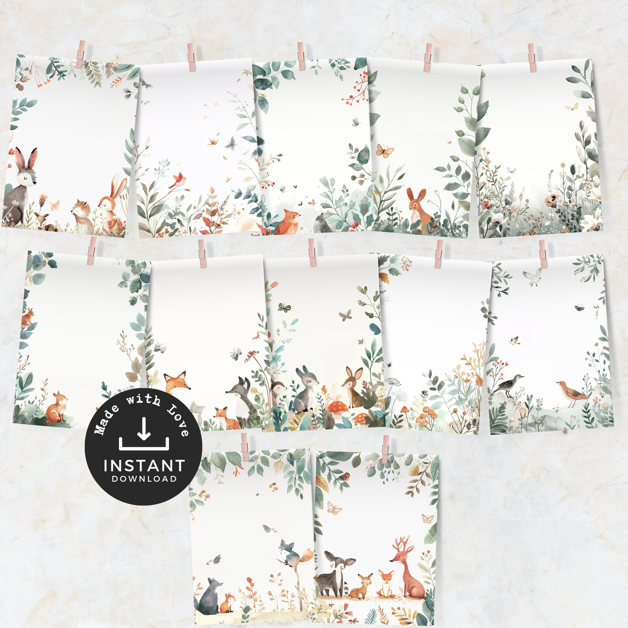 Cute Woodland Printable, Digital Papers, Boho Forest Scenes, 8.5x11 ...
