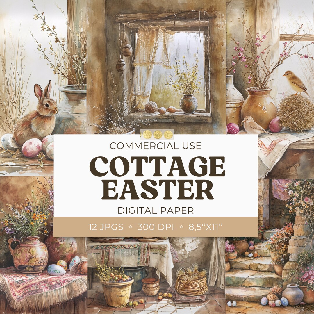 Cute Easter Digital Paper Pack, Cottage Scenes, Watercolor Digital ...