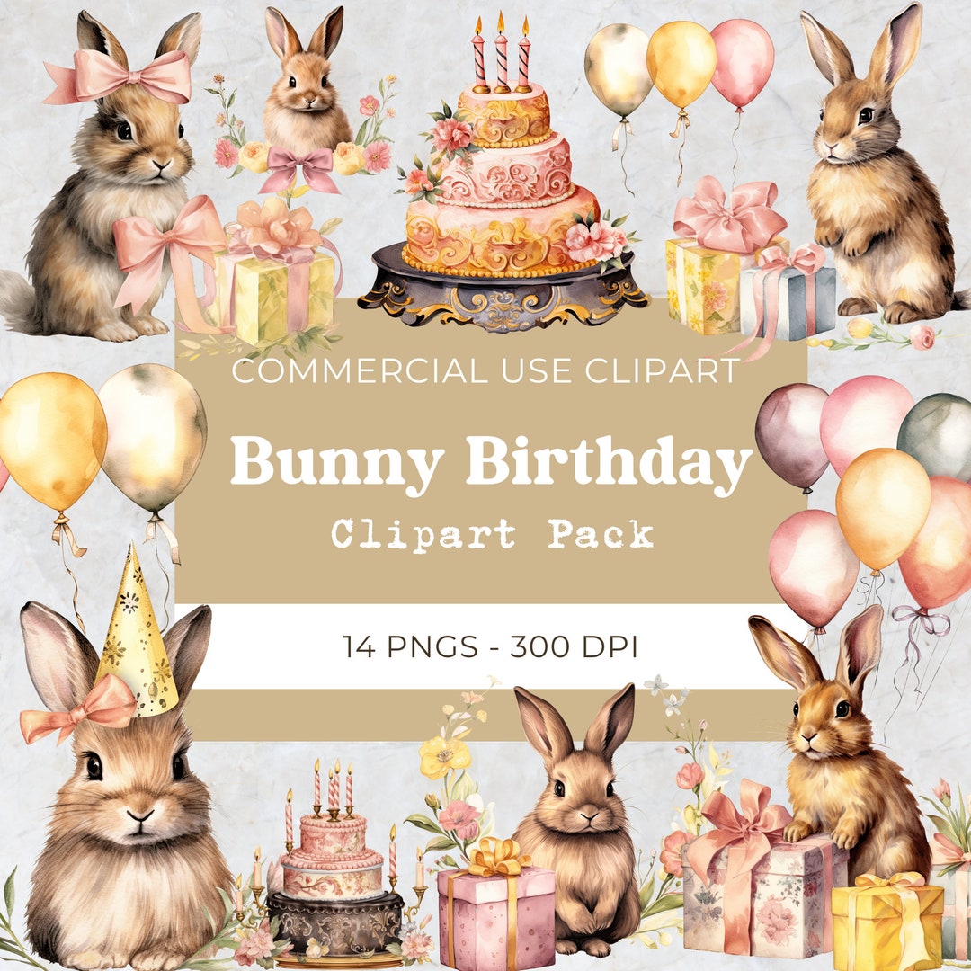 Floral Bunny Birthday Clipart, Spring Clipart, Floral Rabbits, Bunny ...