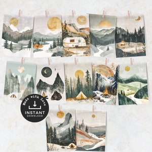 Boho Campsite Digital Paper, Tent Bonfire Printable, Outdoor Scrapbook ...