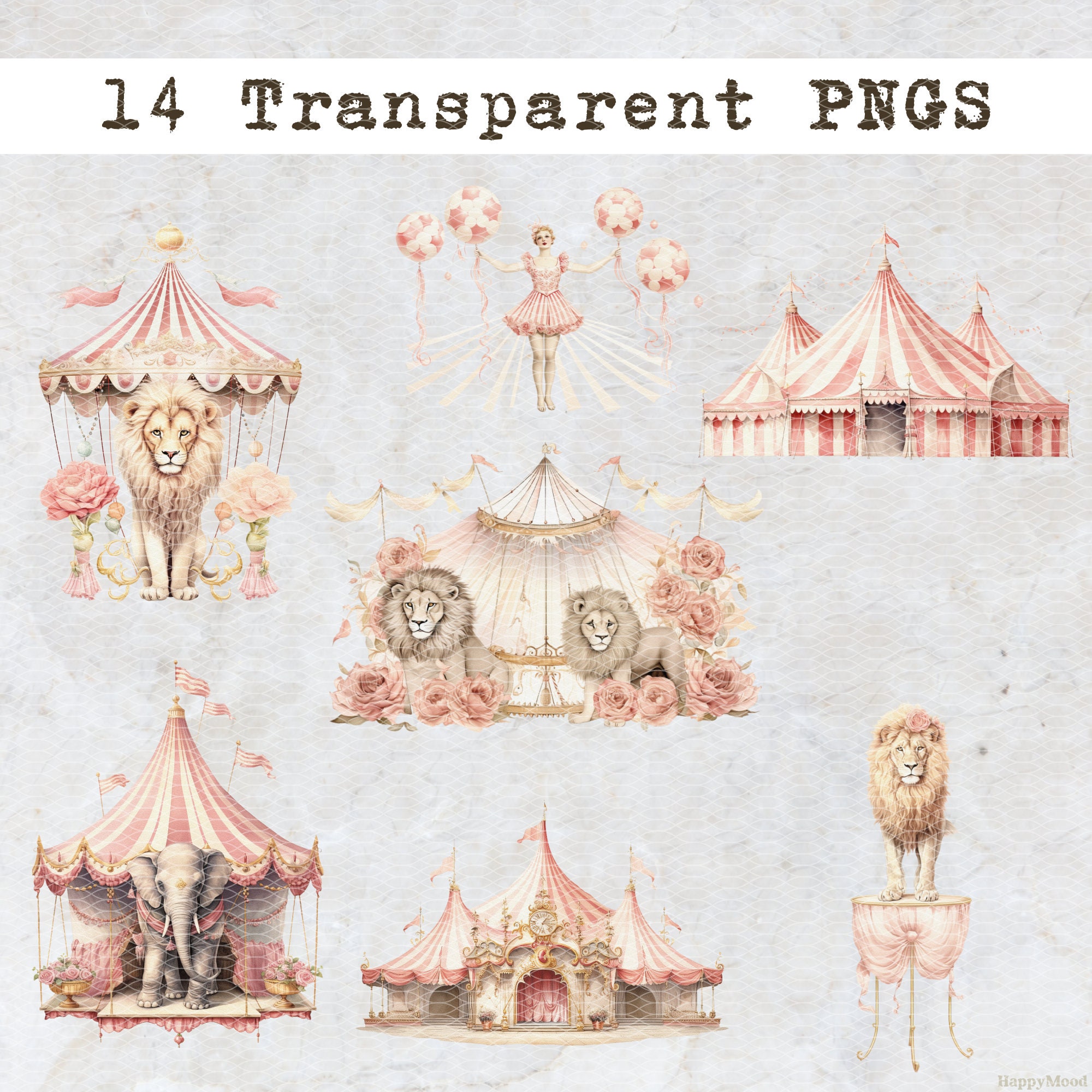 Pink Circus Tent Clipart, Watercolor Circus Animal Pngs, Vintage Circus ...