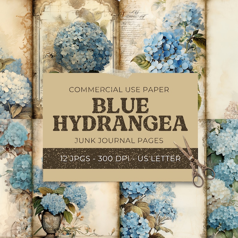 Junk Journal Digital Hydrangeas, Pale Blue Floral Printable Pages With ...