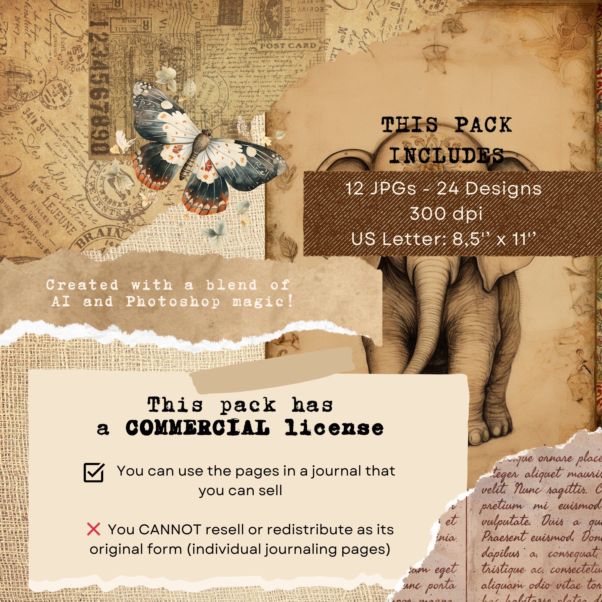 Elephant Junk Journal Printable, Baby Elephant Background, Vintage ...