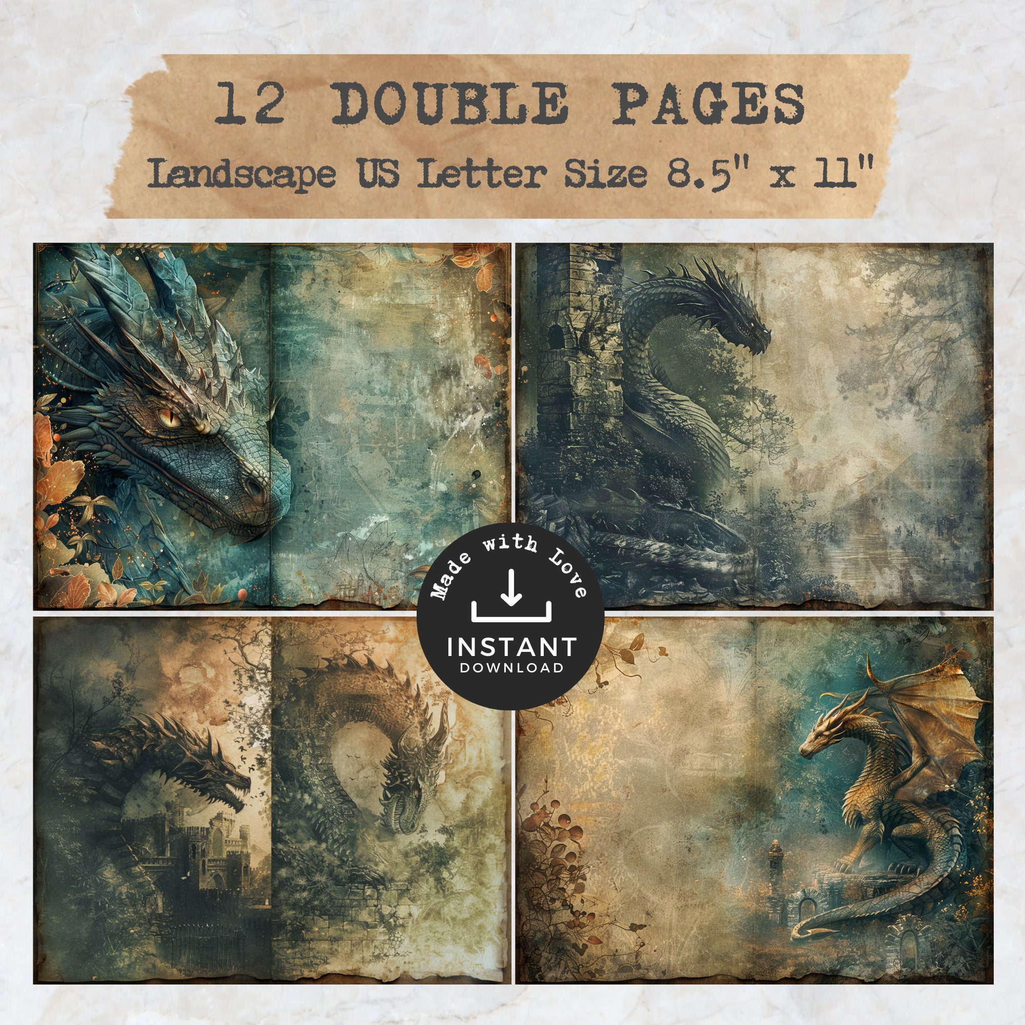 Fantasy Dragon Junk Journal, 12 Vintage Digital Journal Pages + 18 Tags ...
