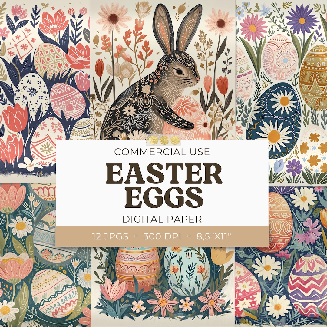 Easter Eggs Printable Digital Paper, Spring Flowers & Bunny Wall Art, 8 ...