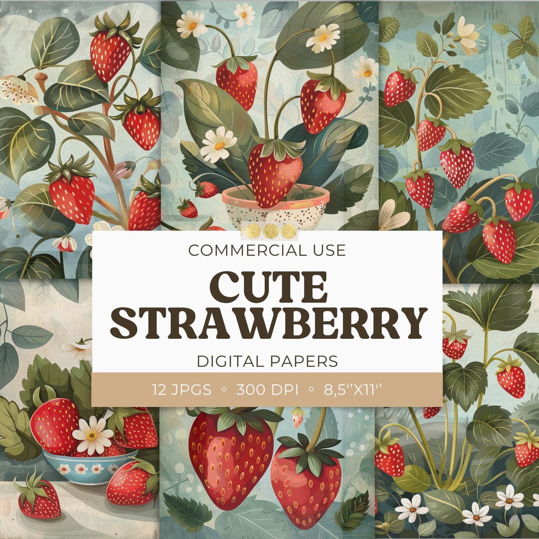 Strawberry Digital Papers, Scrapbook Paper, Fuit Printable Papers, Junk ...