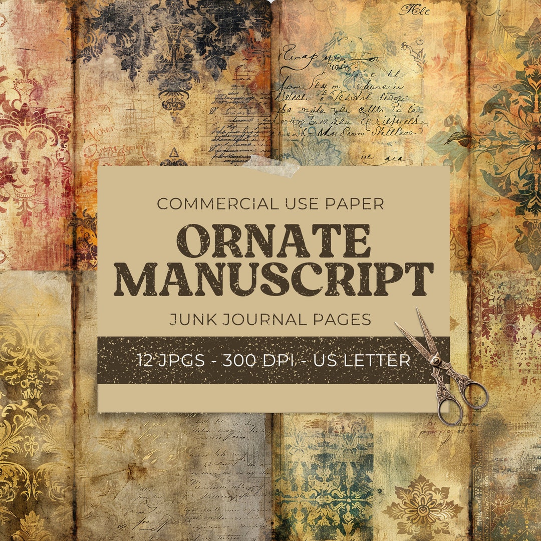 Vintage Manuscript Junk Journal Papers, 12 Ornate Digital Journal Pages ...