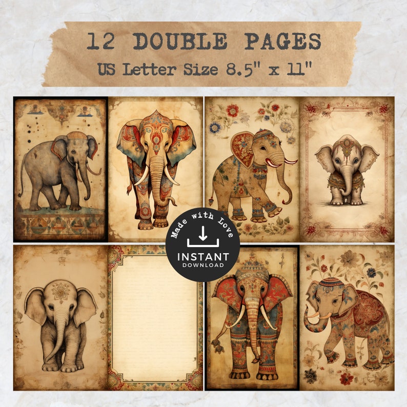 Elephant Junk Journal Printable, Baby Elephant Background, Vintage ...
