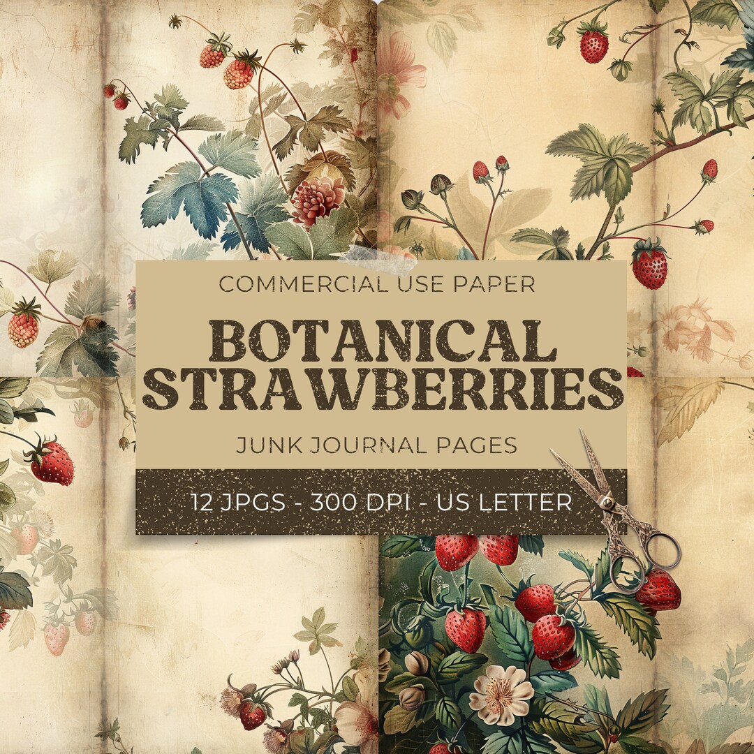 Strawberry Junk Journal, Printable Pages & Tags, Collage Sheet, Vintage ...