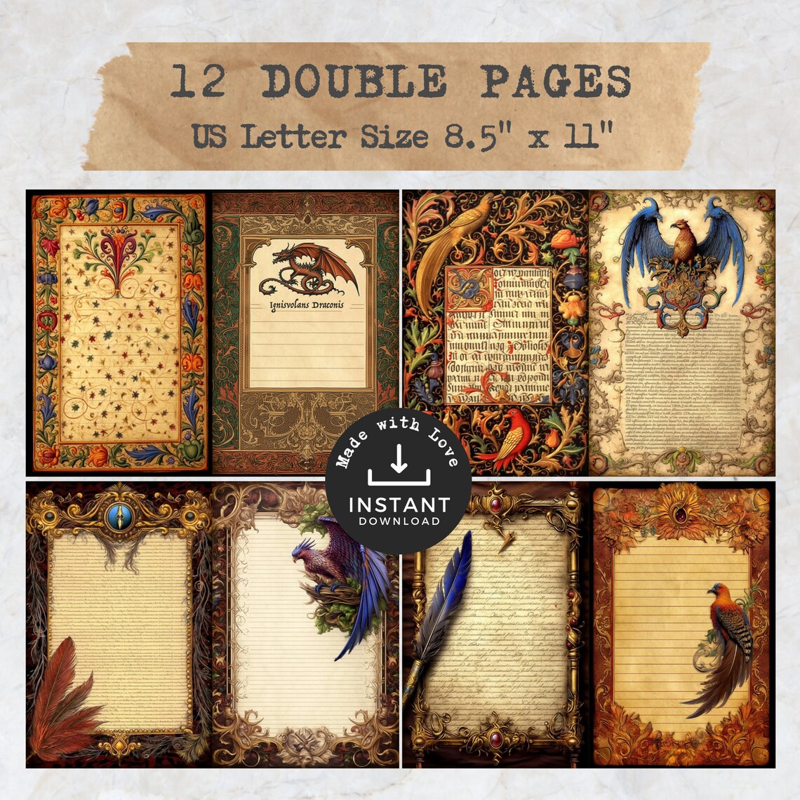 Medieval Junk Journal Page, Gothic Script Fantasy Ephemera, Mythical ...