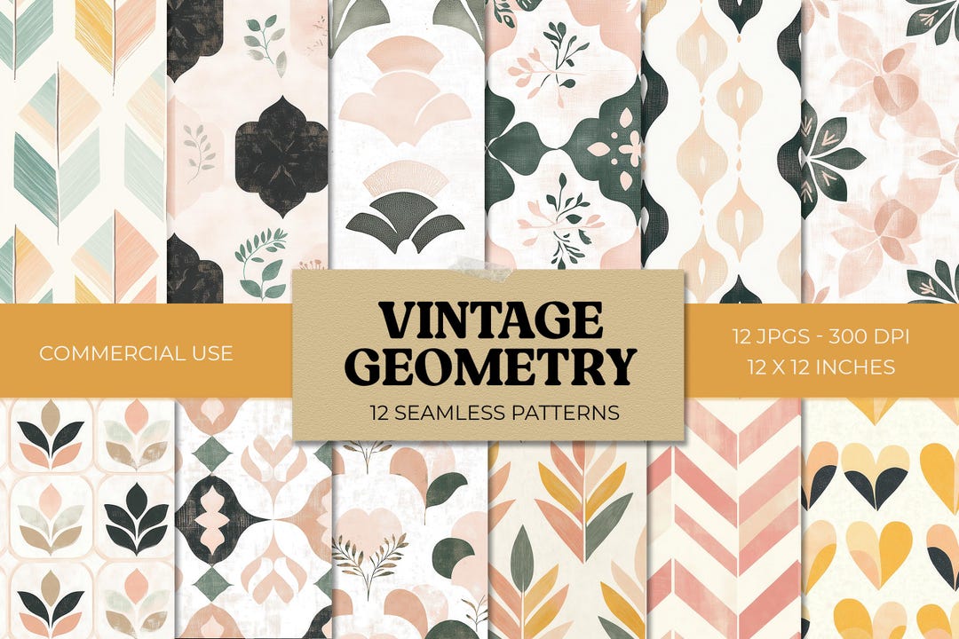 Retro Seamless Patterns, Vintage Geometry Seamless Digital Papers ...