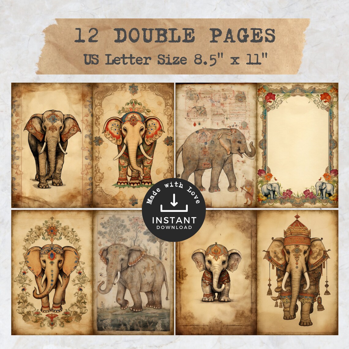 Elephant Junk Journal Printable, Baby Elephant Background, Vintage ...