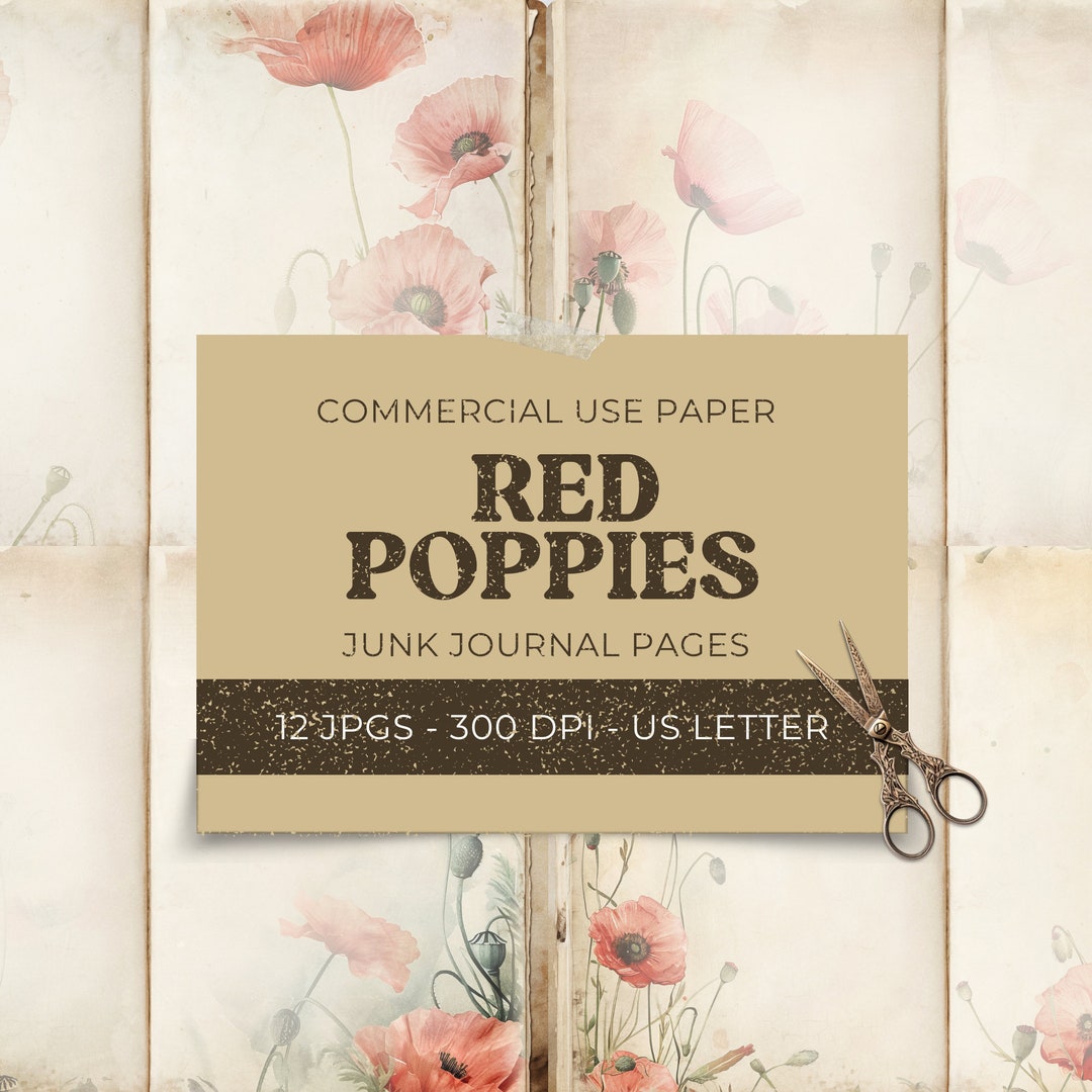 Poppy Junk Journal Kit, 12 Red Flower Digital Journal Pages + 18 Tags ...