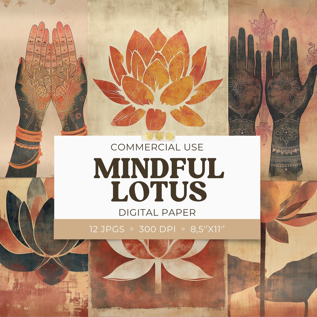 Mindful Yoga Printable Digital Paper, Boho Lotus Flower & Mudra Art, 8 ...